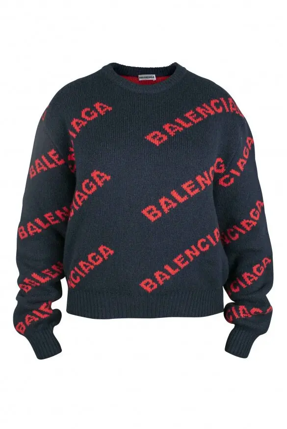 Balenciaga Navy Wool Sweater With All-over Red Logo Print