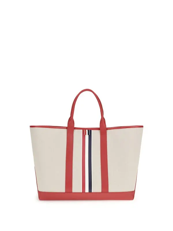 Thom Browne Canvas And Leather Tote Bag With Striped Detail - Red
