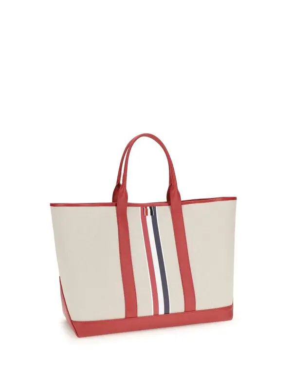 Thom Browne Canvas And Leather Tote Bag With Striped Detail - Red