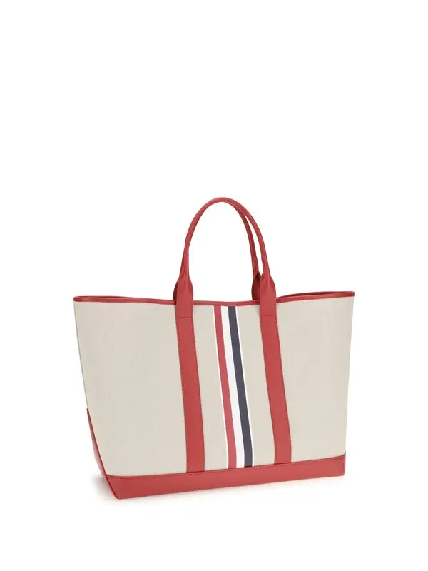 Thom Browne Canvas And Leather Tote Bag With Striped Detail - Red