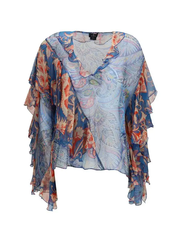 Etro Long-sleeve Silk Shirt With Ruffles And Floral Motif - Multicolor