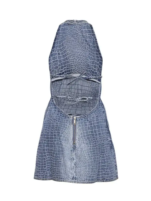 SELF-PORTRAIT Blue Rhinestone Croc-effect Denim Mini Dress - Multicolor