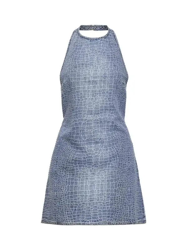 SELF-PORTRAIT Blue Rhinestone Croc-effect Denim Mini Dress - Multicolor