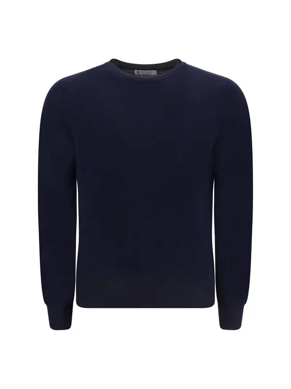 Brunello Cucinelli Virgin Wool Ribbed Crew Neck Sweater - Blue