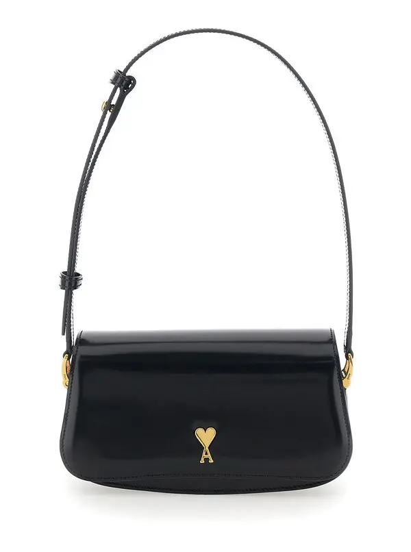 Ami Leather Shoulder Bag With Gold-tone Adc Plate - Black