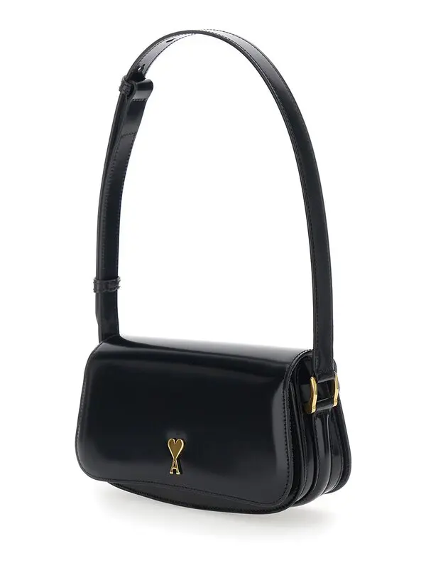 Ami Leather Shoulder Bag With Gold-tone Adc Plate - Black