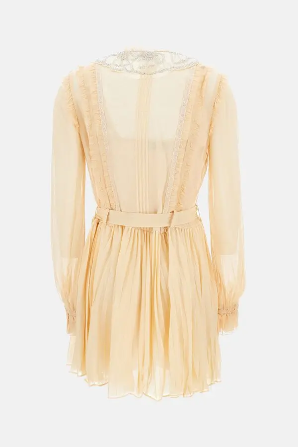 SELF-PORTRAIT Pleated Georgette Mini Dress With Embellished Collar And Jeweled Buttons - Multicolor
