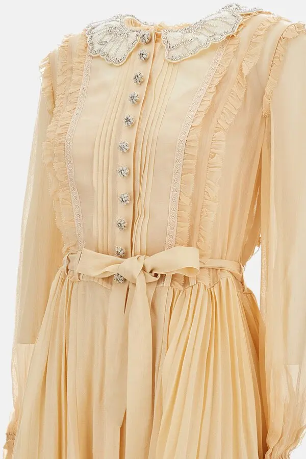 SELF-PORTRAIT Pleated Georgette Mini Dress With Embellished Collar And Jeweled Buttons - Multicolor
