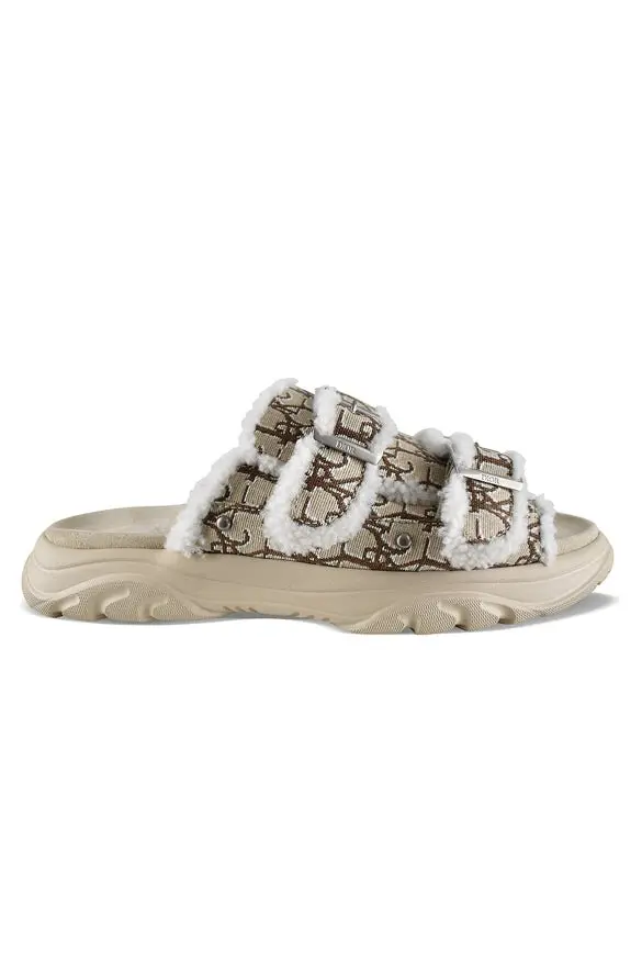 Dior Canvas And Shearling Sandals With Monogram Logo - Cream