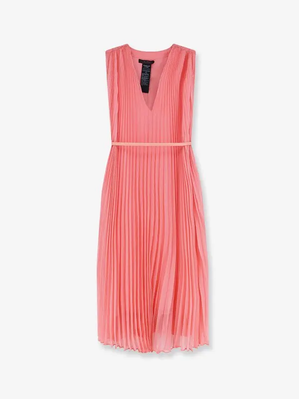 Max Mara Sleeveless V-neck Pleated Midi Dress With Belt - Multicolor