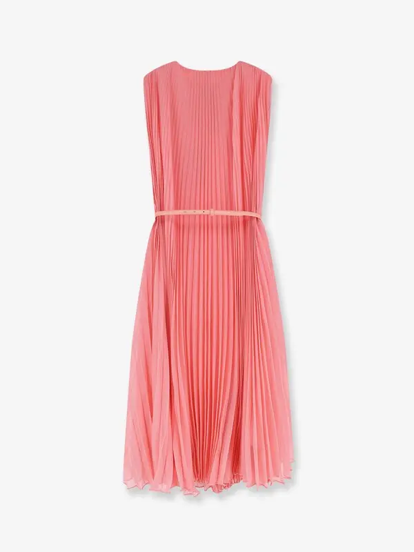 Max Mara Sleeveless V-neck Pleated Midi Dress With Belt - Multicolor
