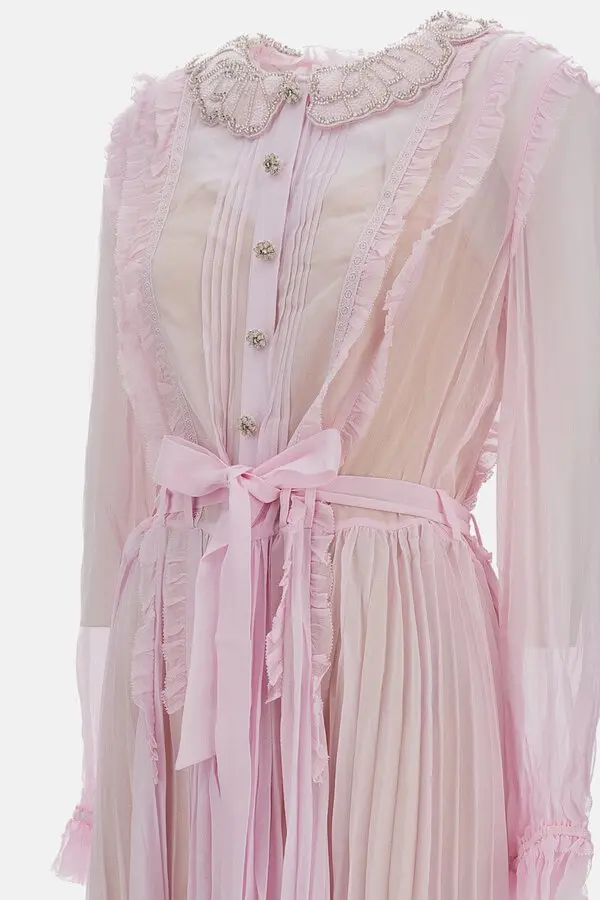 SELF-PORTRAIT Pleated Georgette Midi Dress With Embellished Collar - Multicolor