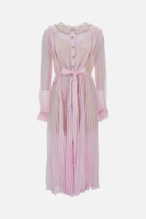 SELF-PORTRAIT Pleated Georgette Midi Dress With Embellished Collar - Multicolor