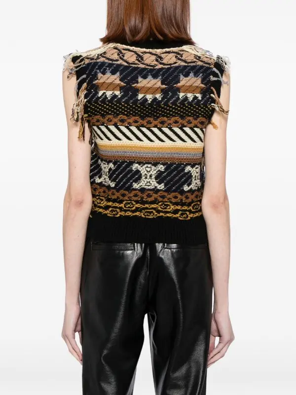 Celine Cashmere Jacquard Vest With Fringe Detail