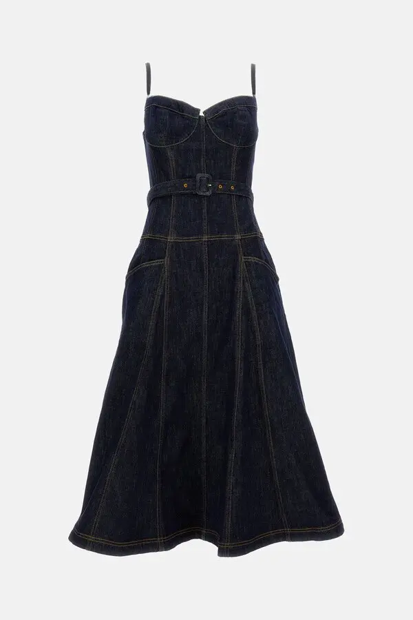 SELF-PORTRAIT Indigo Denim Flared Midi Dress - Multicolor
