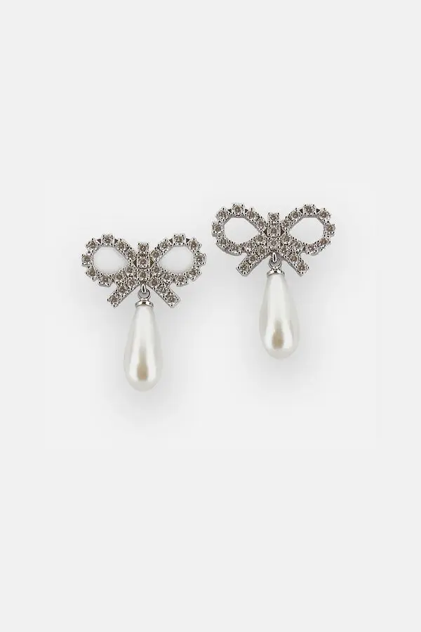 SELF-PORTRAIT Crystal Bow Pearl Drop Earrings - Multicolor