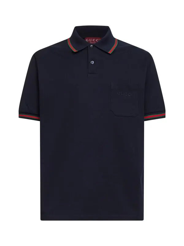 Gucci Dark Blue Stretch Cotton Pique Embroidered Polo Shirt - Multicolor