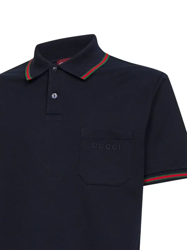Gucci Dark Blue Stretch Cotton Pique Embroidered Polo Shirt - Multicolor