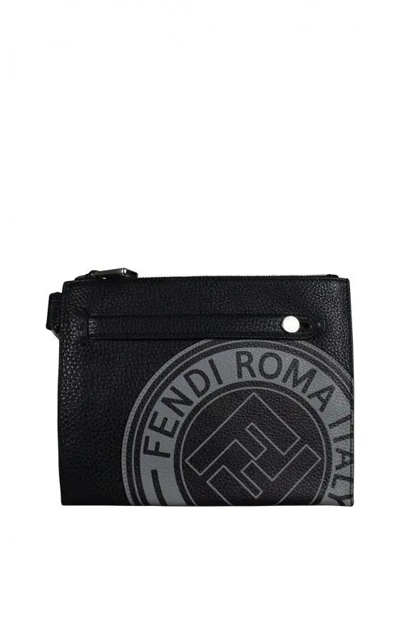 Fendi Grained Calf Leather Clutch With Logo Print - Black