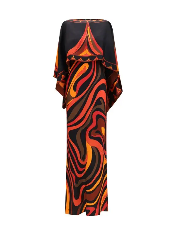 Emilio Pucci Marmo Print Silk Cape Dress - Orange