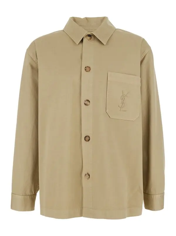 Saint Laurent Beige Shirt With Classic Collar And Cassandre Embroidery On The Front In Cotton For - Multicolor