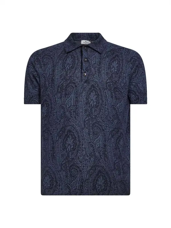 Etro Blue Paisley-pattern Cotton-silk Blend Knit Polo Shirt - Multicolor