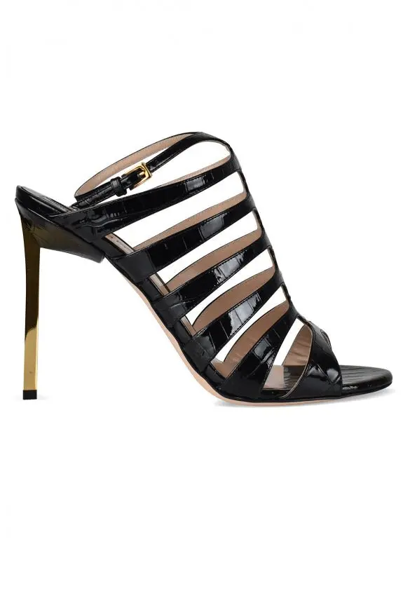 TOM FORD Crocodile-effect Leather Strappy Sandals With Gold Mirrored Heel - Black