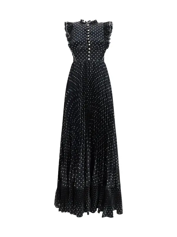 SELF-PORTRAIT Polka Dot Lace Trim Maxi Dress - Black