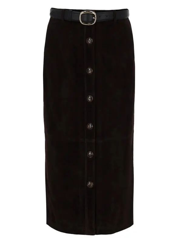 SELF-PORTRAIT Suede Midi Skirt - Brown