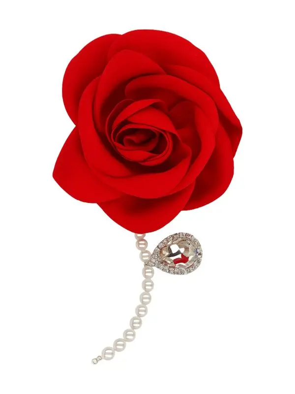 Magda Butrym Embellished Rose Brooch With Faux Pearls And Crystal - Red