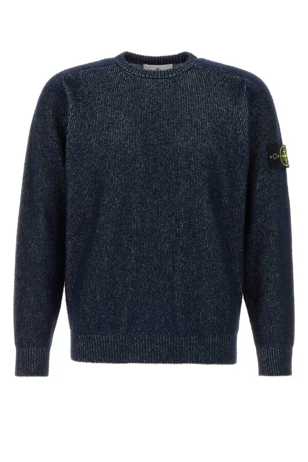 Stone Island Dark Cotton Blend Ribbed Crew Neck Sweater - Blue