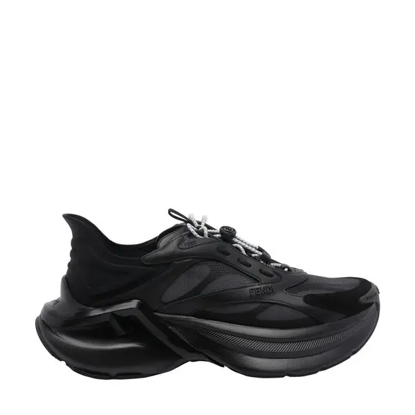 Fendi Fabric And Calf Leather F-light Sneakers With Platform Sole - Black