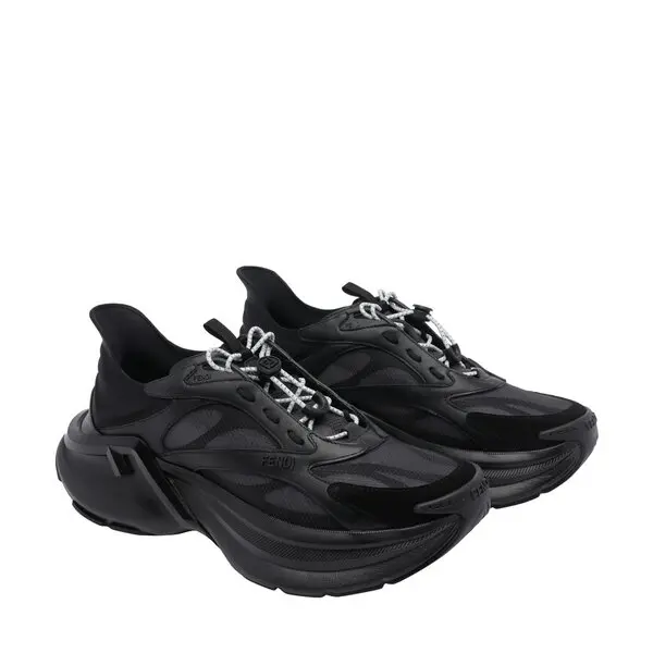 Fendi Fabric And Calf Leather F-light Sneakers With Platform Sole - Black