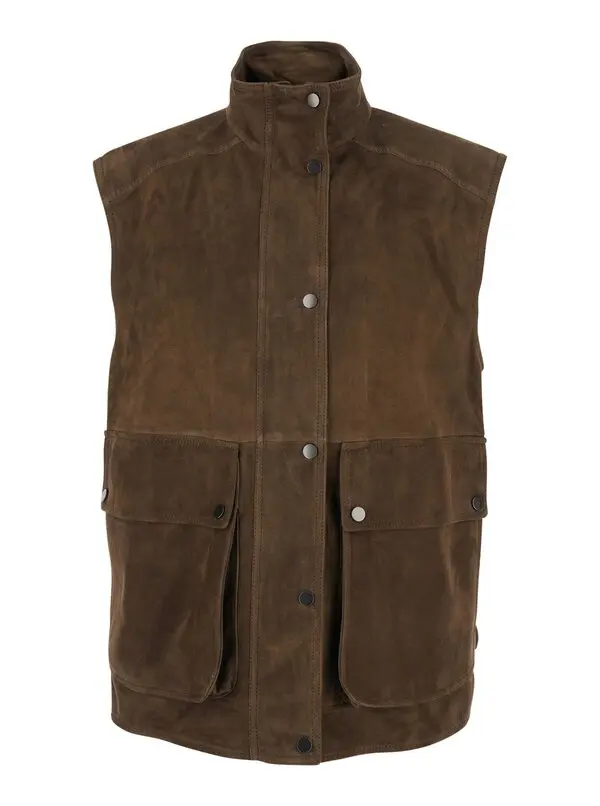 Brunello Cucinelli Leather Gilet With High Collar And Front Pockets - Multicolor