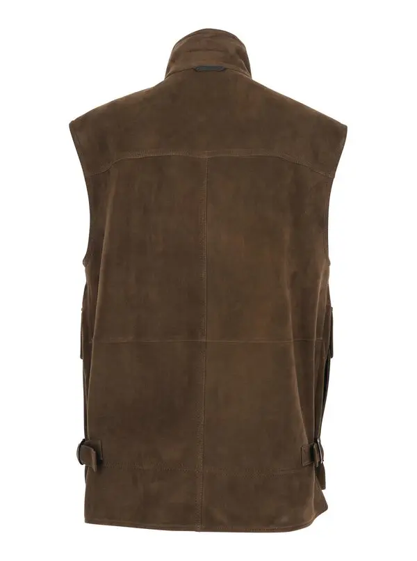Brunello Cucinelli Leather Gilet With High Collar And Front Pockets - Multicolor