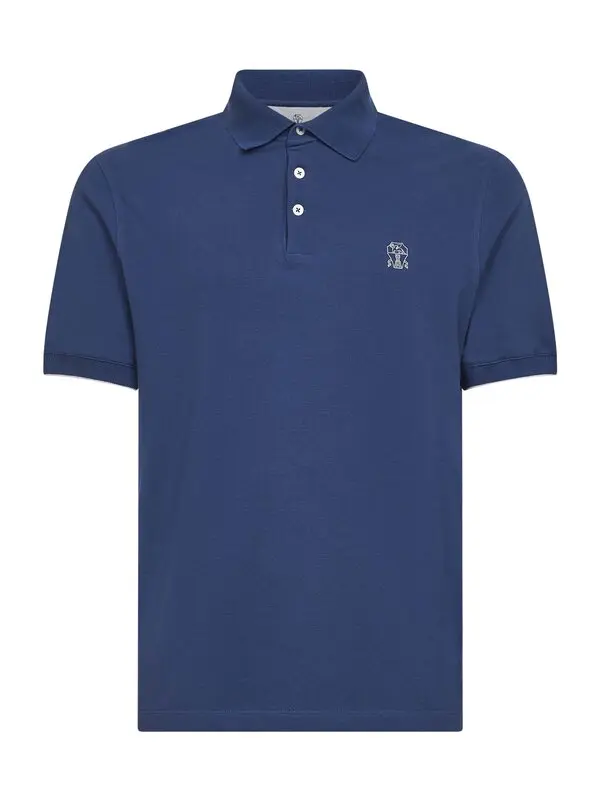 Brunello Cucinelli Avio Blue Cotton Pique Logo Polo Shirt - Multicolor