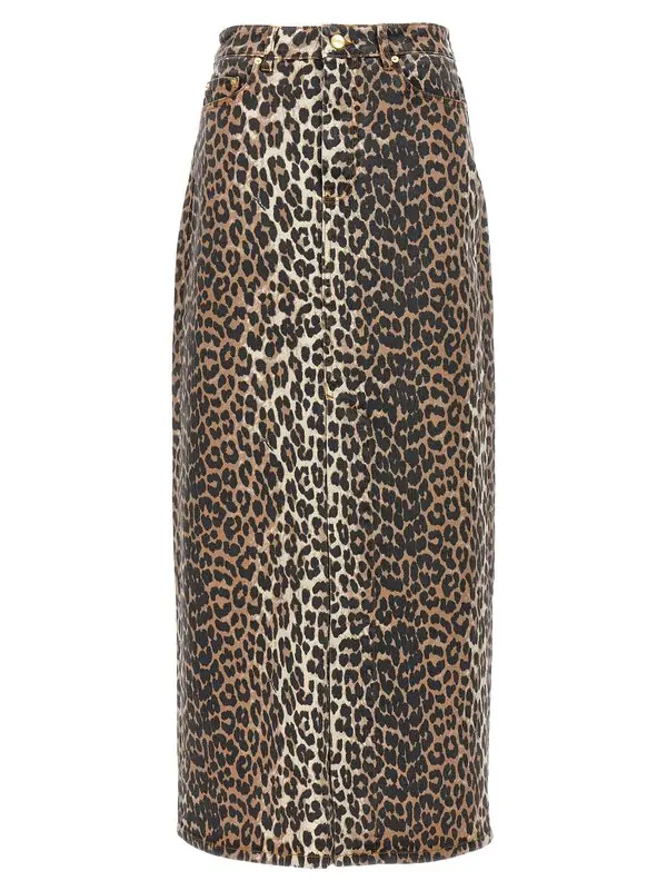 GANNI Leopard Print Cotton Denim Long Skirt - Brown