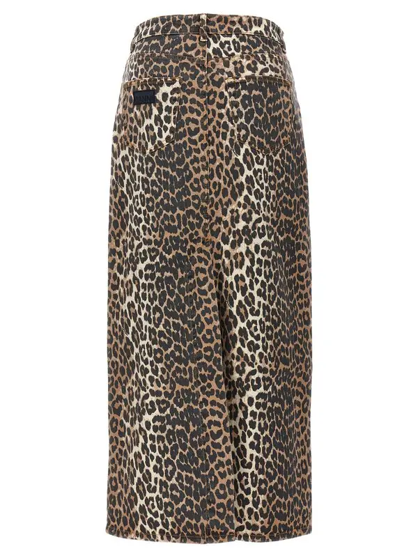 GANNI Leopard Print Cotton Denim Long Skirt - Brown
