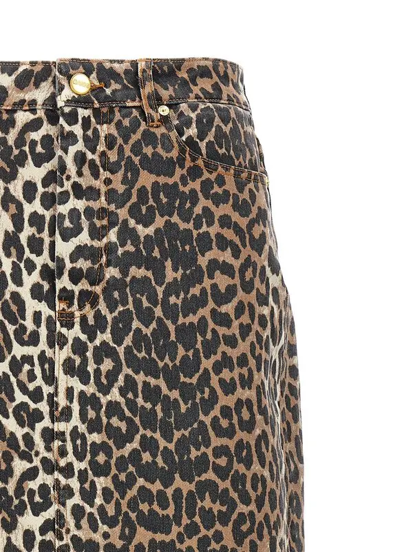 GANNI Leopard Print Cotton Denim Long Skirt - Brown