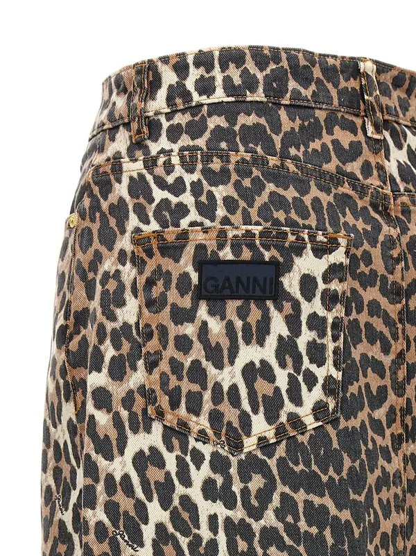 GANNI Leopard Print Cotton Denim Long Skirt - Brown