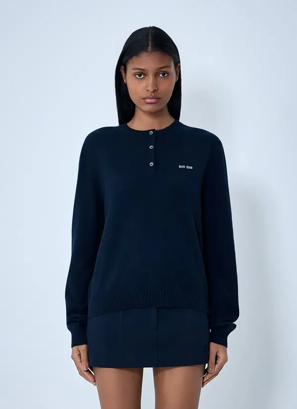 Miu Miu Cashmere Henley Sweater With Logo Embroidery - Blue