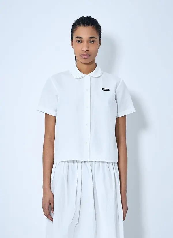 Miu Miu Cotton Linen Short Sleeve Shirt With Lace Trim - White