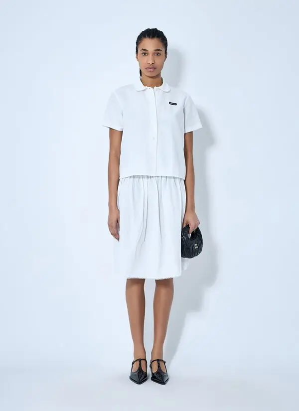 Miu Miu Cotton Linen Short Sleeve Shirt With Lace Trim - White
