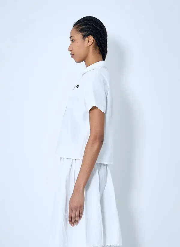 Miu Miu Cotton Linen Short Sleeve Shirt With Lace Trim - White