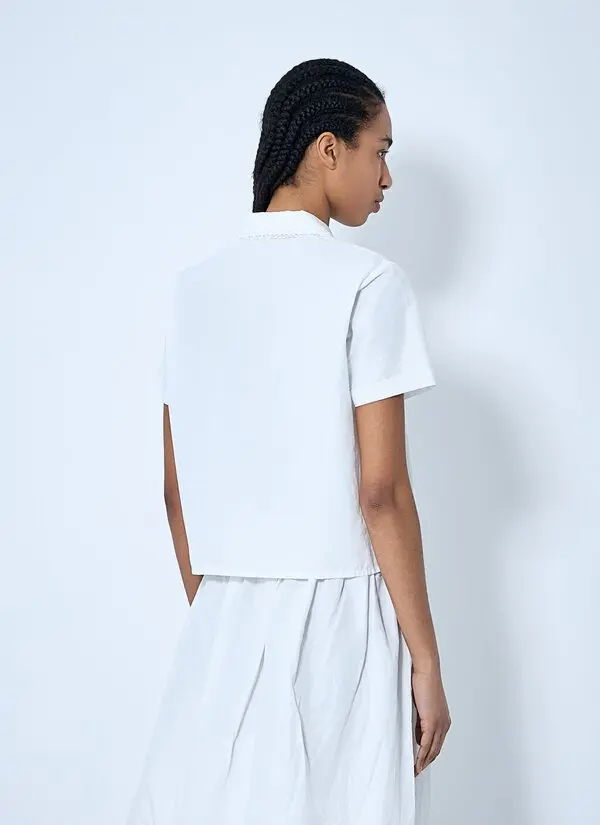 Miu Miu Cotton Linen Short Sleeve Shirt With Lace Trim - White