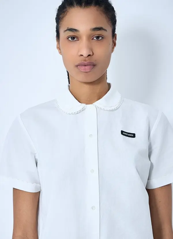 Miu Miu Cotton Linen Short Sleeve Shirt With Lace Trim - White