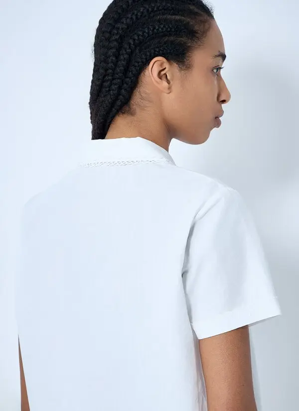 Miu Miu Cotton Linen Short Sleeve Shirt With Lace Trim - White