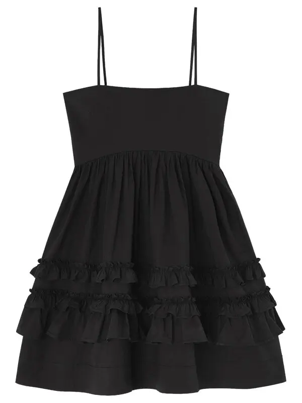 GANNI Cotton Mini Dress With Ruffles - Black