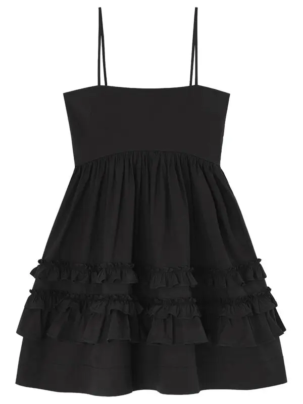 GANNI Cotton Mini Dress With Ruffles - Black