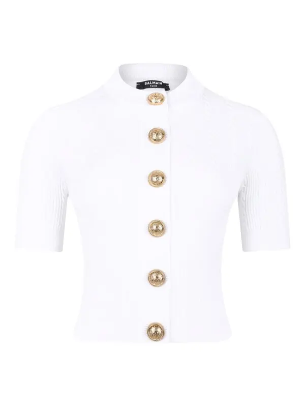 Balmain Ribbed Knit Short Sleeve Cardigan With Button Detail - Multicolor